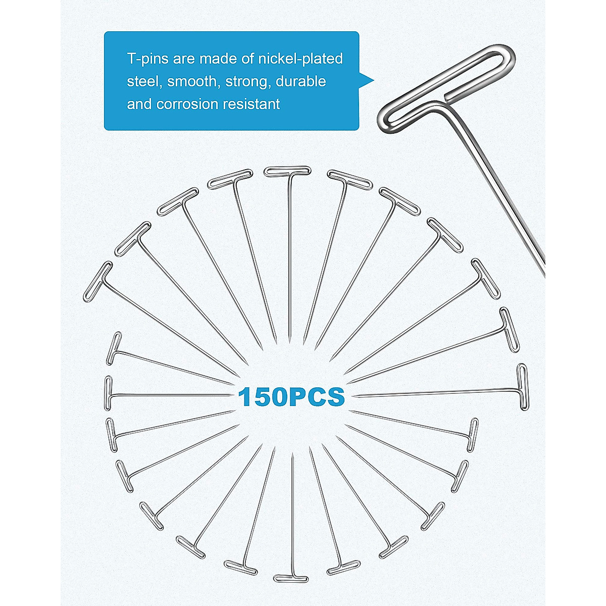 T Pins, 150 PCs T Shape Sewing Pins for Wigs and Crafts, Stainless Steel Push Pin Kit with Clear Box, Ideal for Knitting, Crocheting, Modelling and Office, 100 x 1-1/2 Inch and 50 x 2 Inch