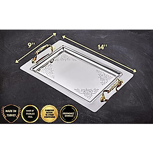 Candymosa Silver Serving Tray with Handles (14”x9”) - Stainless Steel Serving Tray for Drinks and Food - Silver Tray Decorative - Ideal as a Coffee Tray, Bar Tray, Silver Platter or Turkish Tray