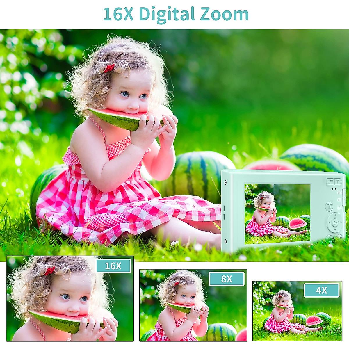 Saneen Digital Camera, FHD 2.7K Cameras for Photography, 44MP Kids Camera Small Mini Compact Digital Camera for Teens, Adults & Beginners with 32GB SD Card, 16X Zoom, Two Rechargeable Batteries-Green