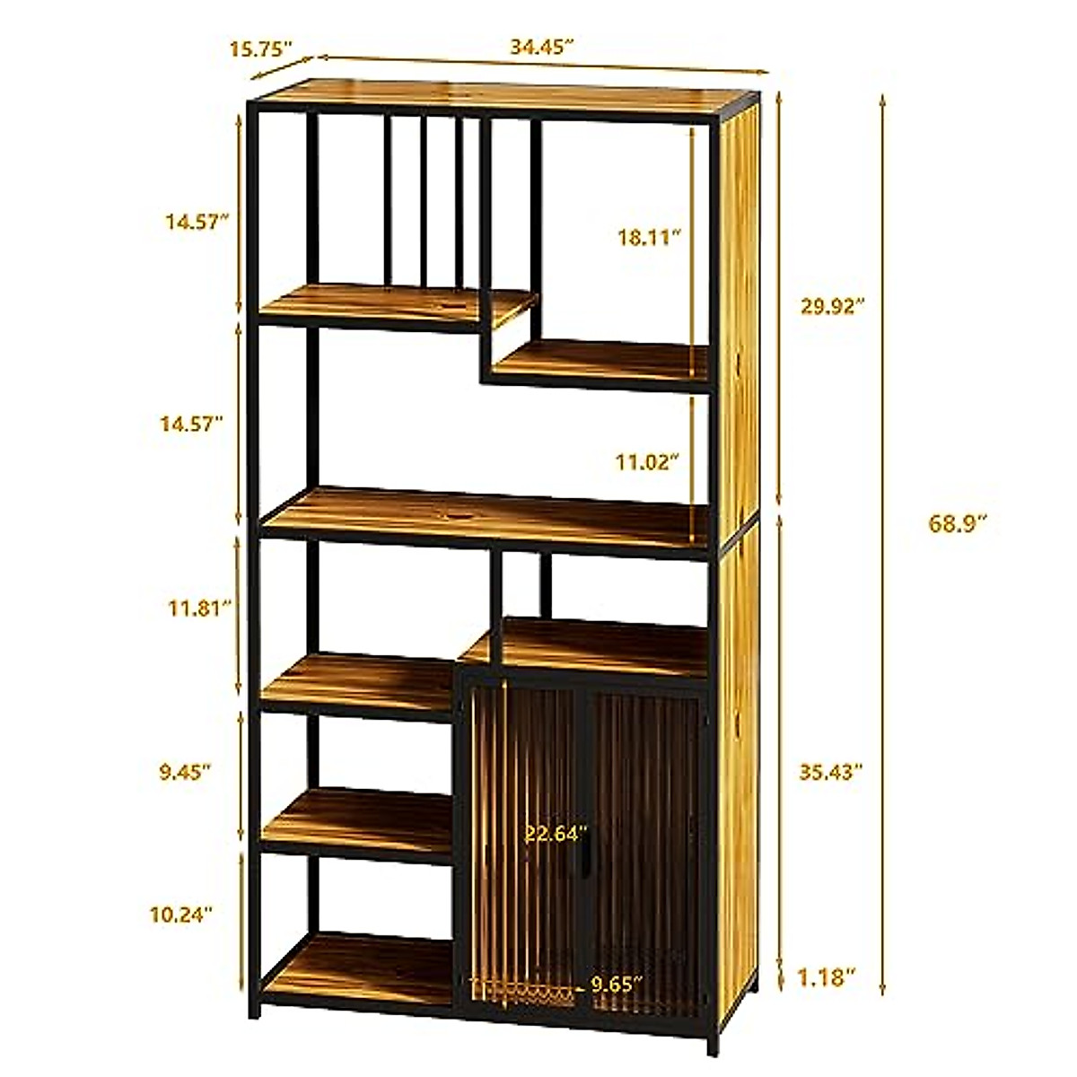 Industrial Bookshelf 69 Inch Tall Etagere Bookcase, Display Shelf with Open Storage Shelves and Right Side Cabinet, Modern Bookcases with Metal Frame for Home Office Living Room and Bedroom, Right