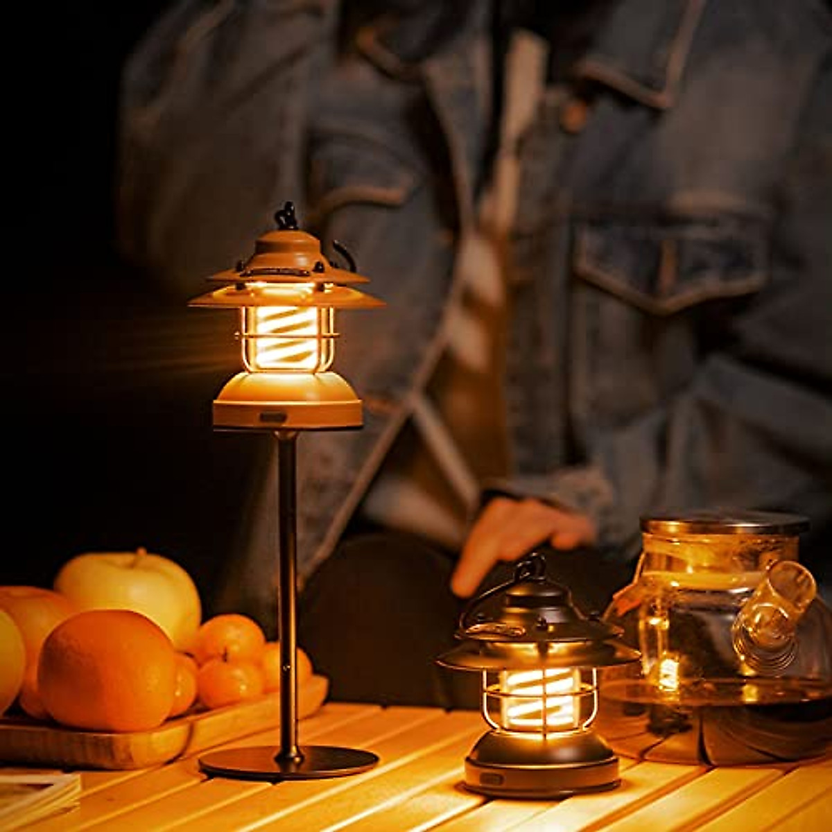 PINSAI LED Camping Lantern,Mini Rechargeable Retro Warm Camp Light,Battery Powered Metal Vintage Hanging Lamp,Portable Waterpoor Outdoor Tent Bulb, Emergency Lighting for Power Failure,Outages