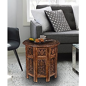 Goroly Home Solid Wood Hand Carved Accent Table, Side Table, Entryway Table, Wooden End Table, Octagonal Wooden Table - 18 Inch Round Top x 18 Inch High - Burnt