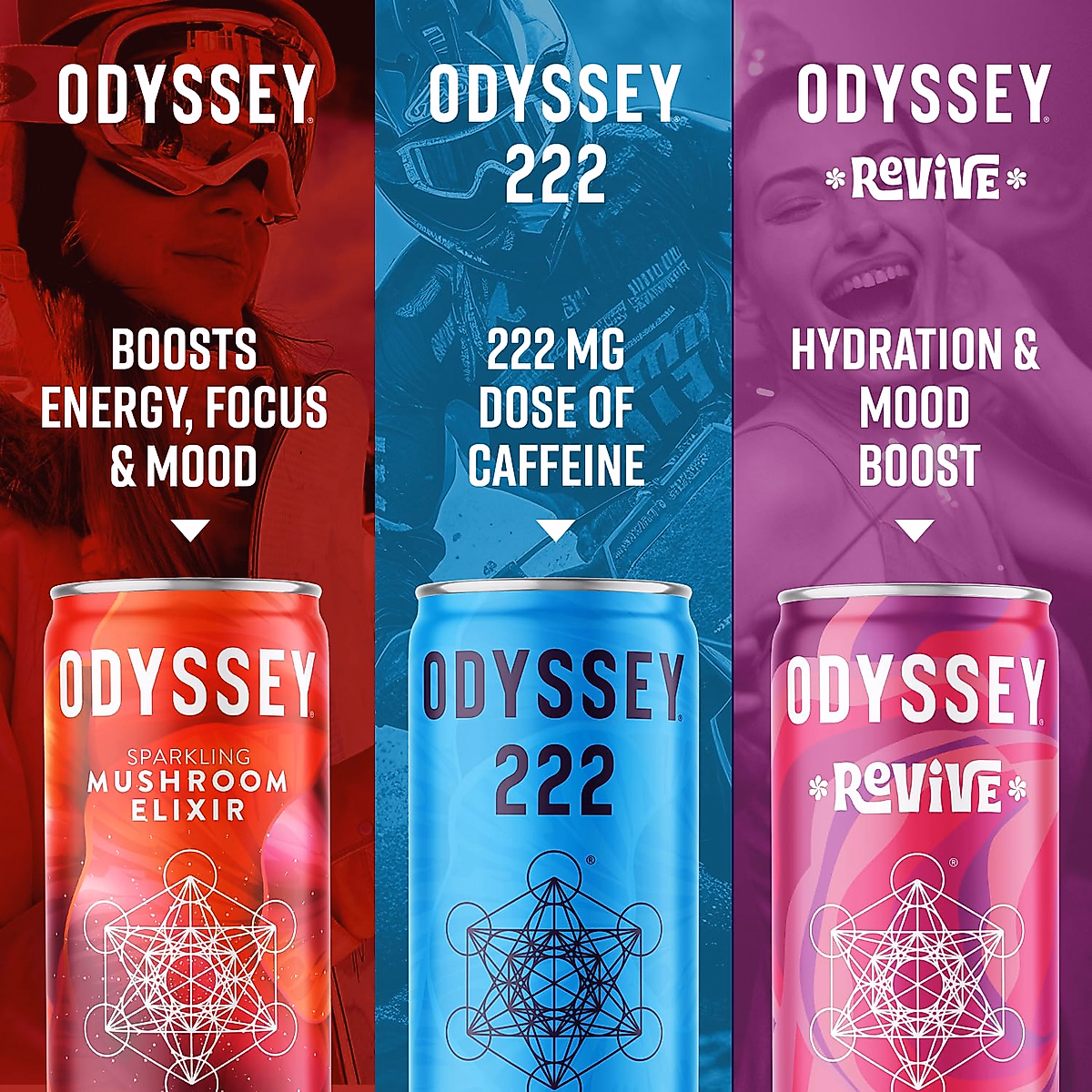 ODYSSEY ELIXIR Sparkling Mushroom Drink with Lions Mane and Cordyceps Adaptogenic Mushrooms, L Theanine and Green Tea Caffeine for Energy and Focus, 12 Fl oz, Variety Pack, 12 Cans