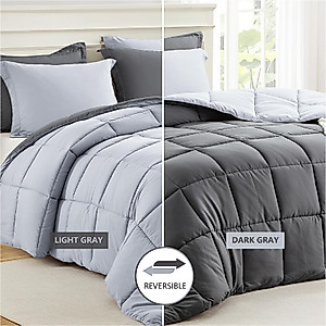Homelike Moment Queen Comforter Set Grey, Comforters Queen Size Set, Soft Lightweight Down Alternative Bed Comforter Full Size Reversible All Season 3 Pieces Bedding Sets Grey/Light Gray