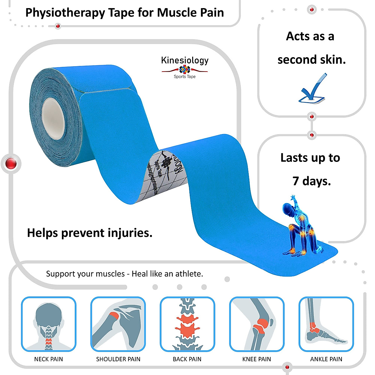 Kinesiology Tape Precut with Dispenser - Synthetic Sports Muscle Tape - Blue - 5m Roll - 20 Strips - Physiotherapy Tape for Face, Neck, Shoulder, Back, Elbow, Wrist, Knee, Calf & Ankle