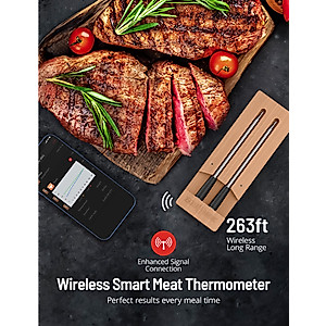 Paris Rhône 263ft Smart Meat Thermometer, Wireless Meat Thermometer, Food Thermometer with Smart Alert, IP67 Waterproof, Dishwasher Safe for The Grill, Kitchen, Garden, Rotisserie (Bamboo/2 Probes)