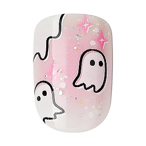 KISS imPRESS Press-On Manicure Halloween, Pink, Short Length, Square Shape, PureFit Technology, Chip Proof, Smudge Proof, Waterproof, Prep Pad, Mini Nail File, Manicure Stick & 30 Fake Nails