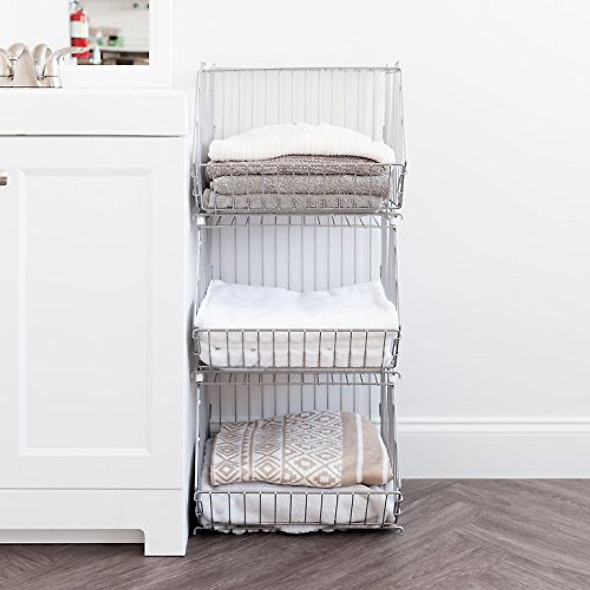 IRIS USA 17" Modular Wire Stacking Storage Basket, Great Storage for Linens, Groceries, Toys, Books, and More, Stackable, Easy Assemble, Multipurpose Home Organizer, Silver