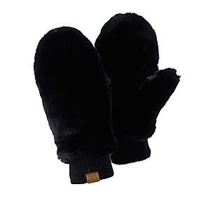 C.C Women's Faux Fur Wrist Length Fingerless Sherpa Lined Convertible Mittens Gloves-Black