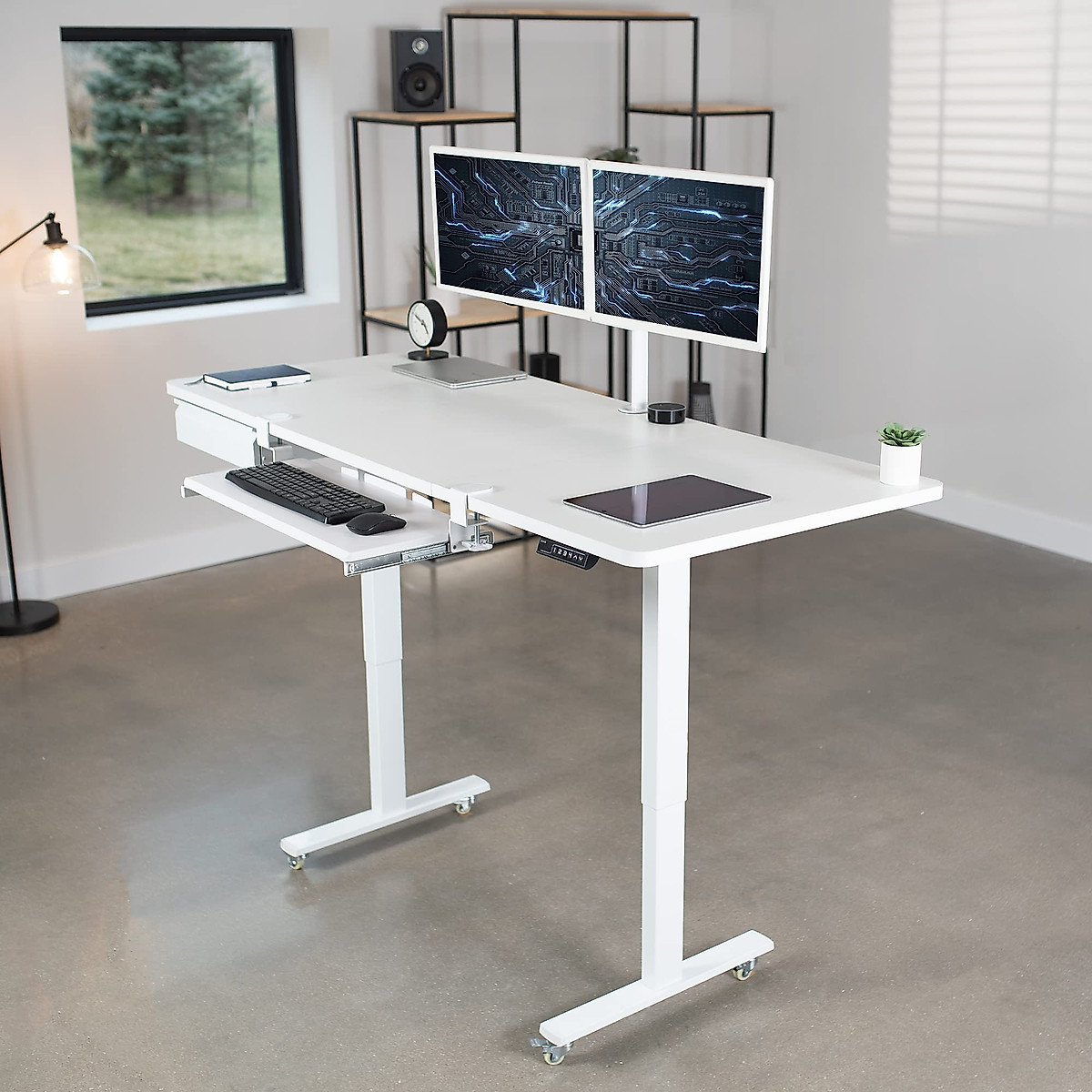 VIVO Electric Height Adjustable 71 x 30 inch Stand Up Mobile Desk, Pull-Out Storage Drawer, Keyboard Tray, Casters, White Table Top, White Frame, Memory Controller, DESK-KIT-1W7W-A1
