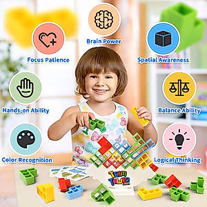 Inno2Eleph 48 Pcs Tower Balance Stacking Game for Kids and Adults, Balanced Board Games for Kids 8-12, Two Players Team Versus Stack Attack Card Games(Two Bases, More Ways to Play