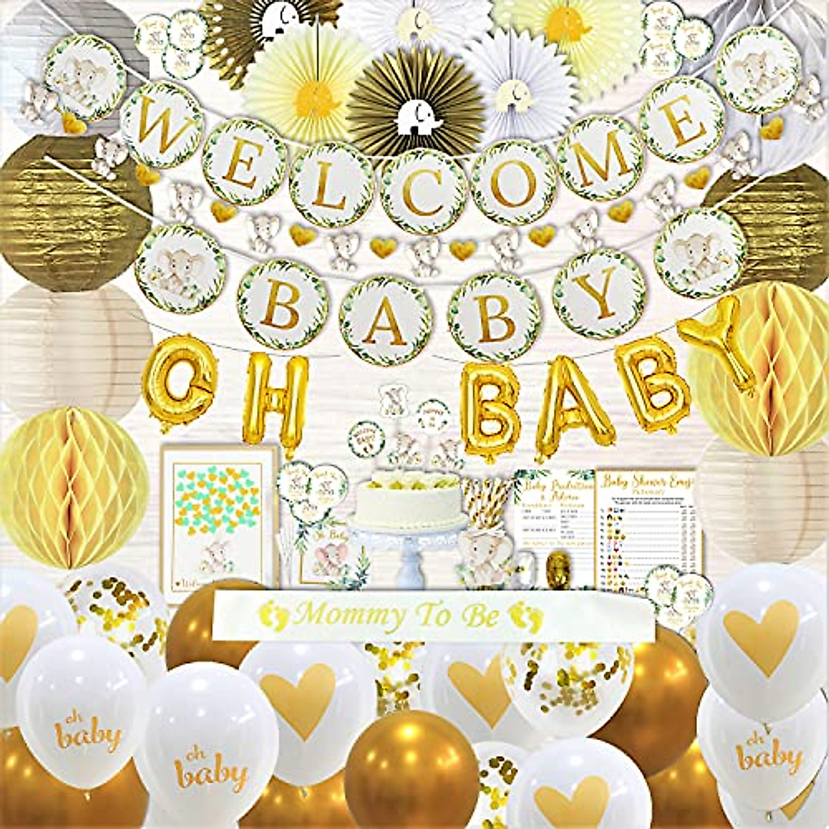 252 PC Elephant Theme Baby Shower Decorations for Boy or Girl Kit -Gender Neutral Welcome Baby Banners Garland Guestbook Sash Balloons Cake Topper Paper Decor Napkins Straws Games & Thank You Stickers