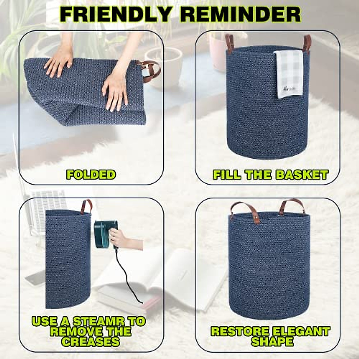 Twira Extra Large 20x16 Inches Cotton Rope Basket, Woven Baby Laundry Blanket Basket with Leather Handle Toy Basket Storage Baskets Bin for Yoga Mat & Towel (Black）