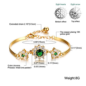 L & J 18k Yellow Gold Sparkling Green Rhinestone Halo Diamond Cut AAA CZ Flower Bangle Bracelet for Women