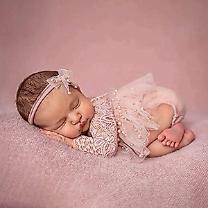 Pink Lace Newborn Photography Outfits Girl Newborn Photography Props Pearl Lace Rompers Newborn Girl Lace Romper Photoshoot Outfits Baby Photo Props (Long Sleeve, Pink, 0-2Months)