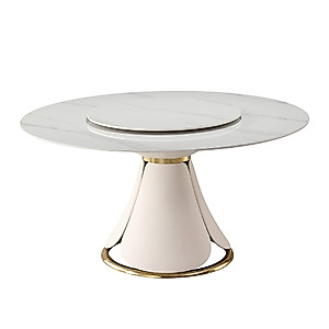 Voohek, Beige 59" Modern Sintered Stone Dining Table with Round-Shaped Metal Exquisite Pedestal Base and 31.5" Turntable, for Home, Kitchen, Living Room