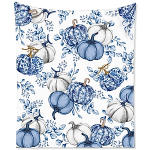Fanfanwin Thanksgiving Pumpkins Throw Blanket, Chinoiserie Blue and White Blanket Pumpkins Blanket Thanksgiving Soft Cozy Friends Gifts Blue Blanket for Living Room Couch Bed Chair or Dorm, 50"x60"