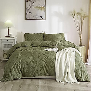 HYPREST Textured Duvet Cover, Green Duvet Covers QueenTufted Boho Style, Super Soft Breathable Bohemian Bedding Duvet Cover Set