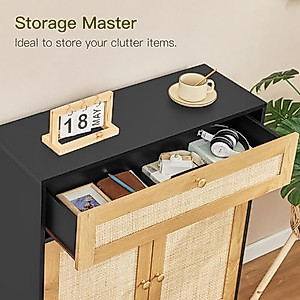 Quimoo Tall Storage Cabinet, Rattan Cabinet with Adjustable Shelf & Large Drawer, Boho Storage Cabinet, Accent Cabinet for Entryway, Living Room, Black