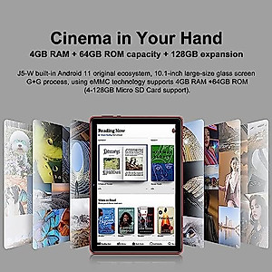 JUSYEA J5-W Android 11 Tablet 10.1 inch Tablets, 4GB RAM 64GB ROM 128GB Expansion, Octa-Core Processor, HD Touch Screen, 8000mAh Battery with Mouse and Keyboard, Case - Red