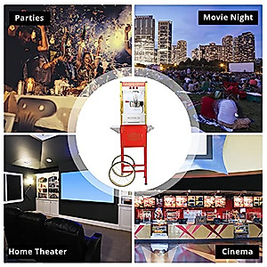 ROVSUN Popcorn Machine with Cart, Wheels & 8 Oz Kettle Makes Up to 32 Cups, Popcorn Maker with Stainless Steel Scoop, Oil Spoon & 3 Popcorn Cups for Commercial Home Movie Theater, Red