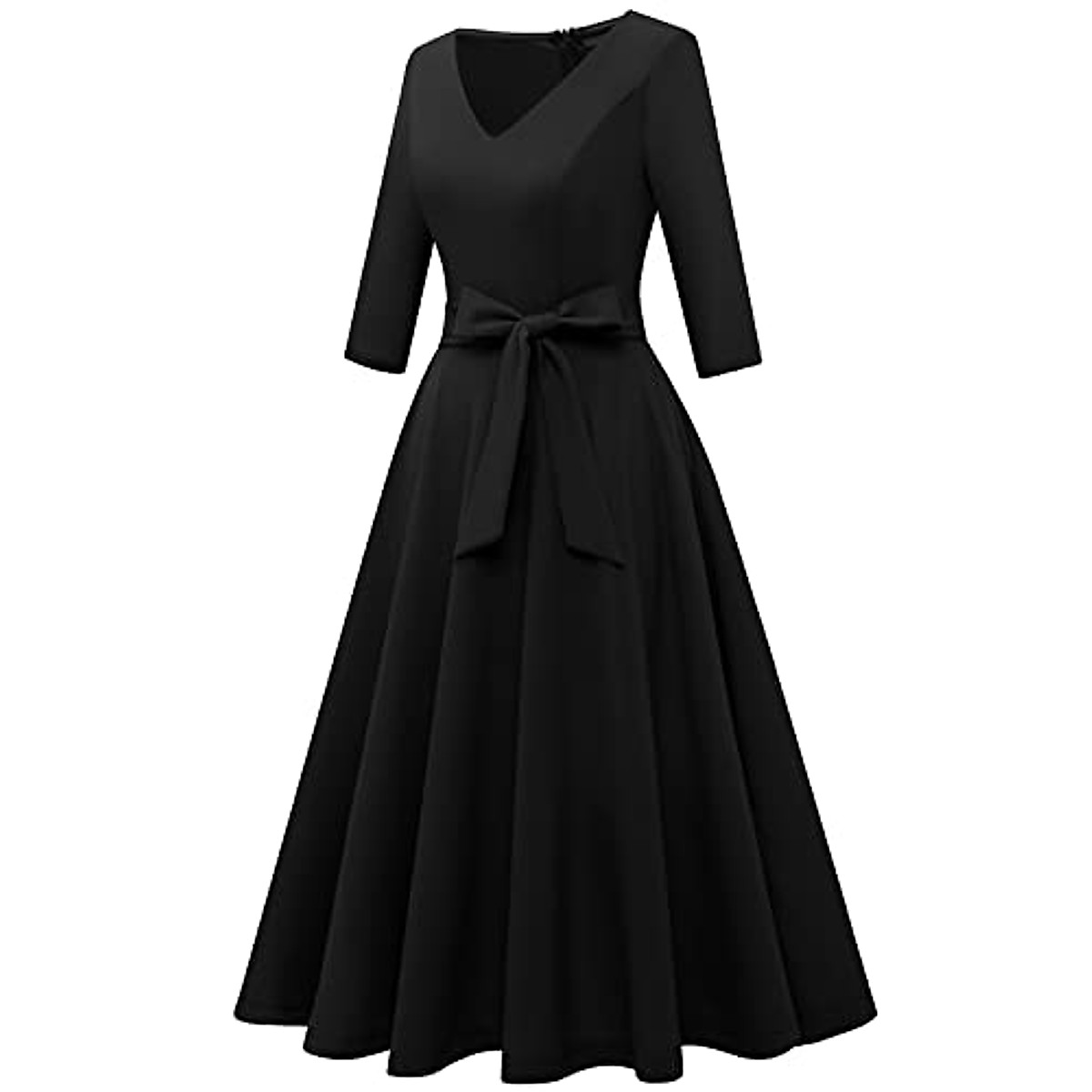 Black Vintage Cocktail Long Sleeve Prom Dress Midi Wedding Guest Formal Mother of Bride Dress Black XL