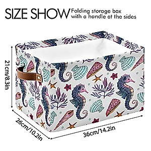 AUUXVA Ocean Starfish Seahorse Shell Storage Bins Basket, Nautical Sea Life Theme Collapsible Storage Cube Rectangle Storage Box with Handles for Shelf Closet Nursery Bedroom Home Office 1 Pack