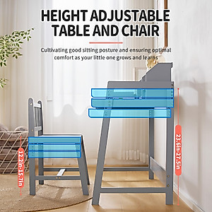 UNICOO Height Adjustable Bamboo Kids Desk and Chair Set - Ergonomic Kid Desk and Chair Set for Study, Writing, and Homework - Durable and Eco-Friendly Kids' Desks for Home and School (Grey)