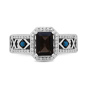 Jewelili Enchanted Disney Fine Jewelry Sterling Silver 7x5 MM Octagon Smokey Quartz and 1.5 MM Cabochon Round Turquoise with 1/5 Cttw Natural White Round Diamond Pocahontas Ring, Size 9