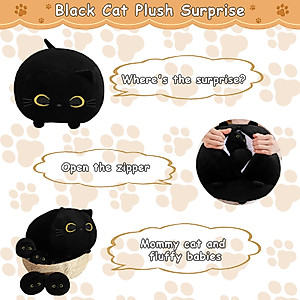 TOYSYM Black Cat Stuffed Animal Mommy Cat Plush Toys with 4 Squishy Baby in Her Tummy Soft Cute Hugging Pillows for Boys and Girls