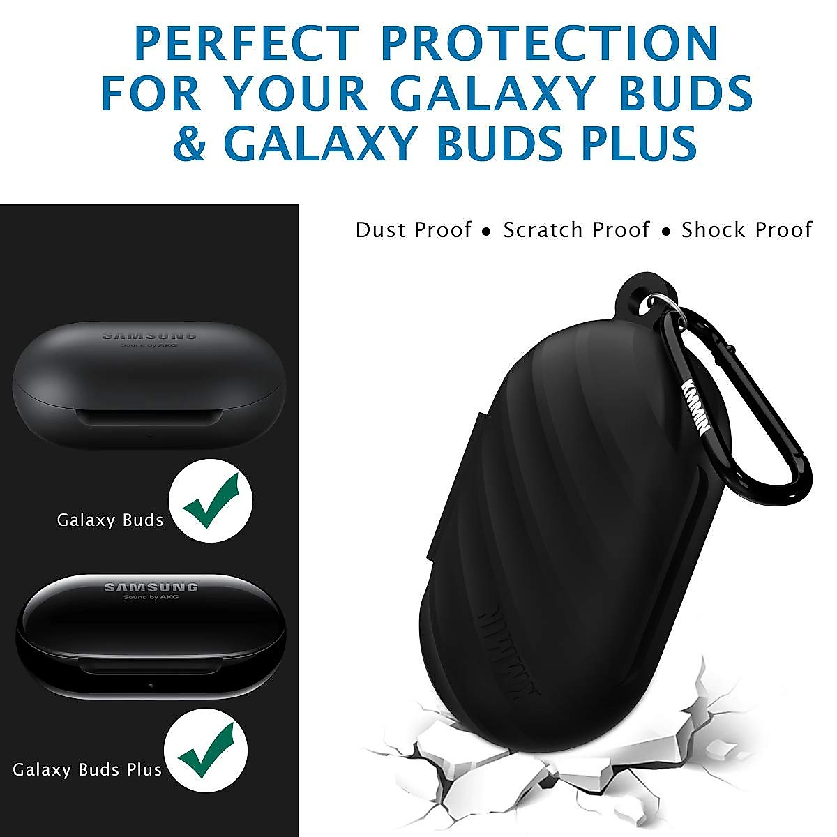 Galaxy Buds Plus 2020/Galaxy Buds 2019 Case, KMMIN Full-Body Shock Protective Samsung Buds Silicone Cover with 5-in-1 Accessories Storage Bag/Carabiner/Lanyard/Brush [Front LED Visible], Black