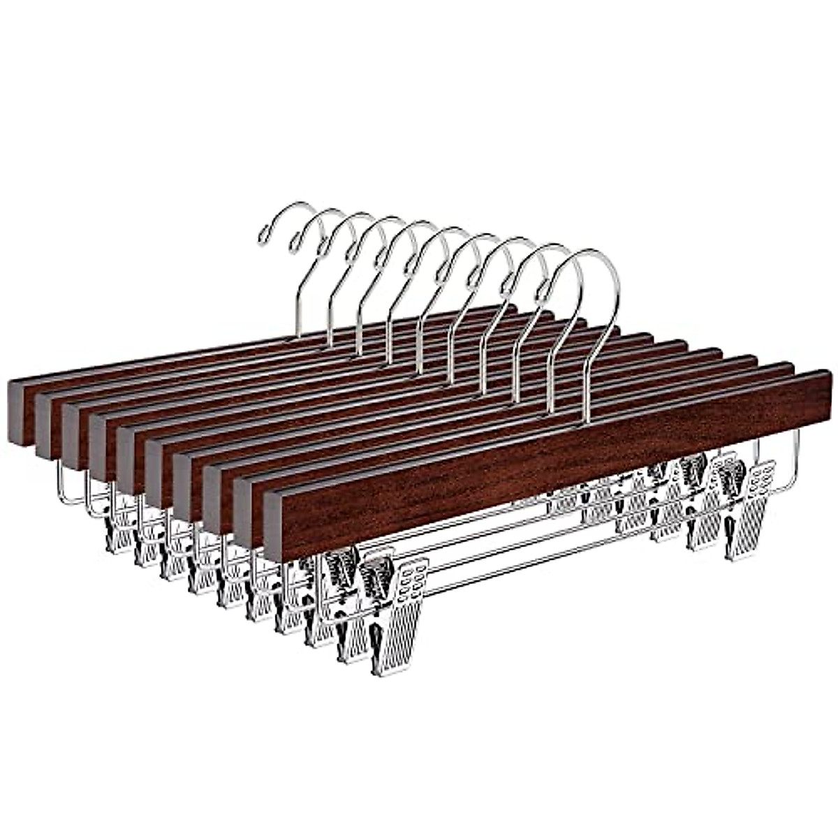 Amber Home Walnut Wooden Pants Skirts Hangers 24 Pack, Solid Wood Trousers Bottom Hanger with 2-Adjustable Clips, Clip Hangers for Slacks, Jeans, Shorts (Walnut, 24)