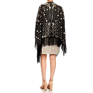 Anna-Kaci Womens Oversized Gatsby Hand Beaded Fringed Sequin Evening Shawl Wrap, Black+Gold, Onesize