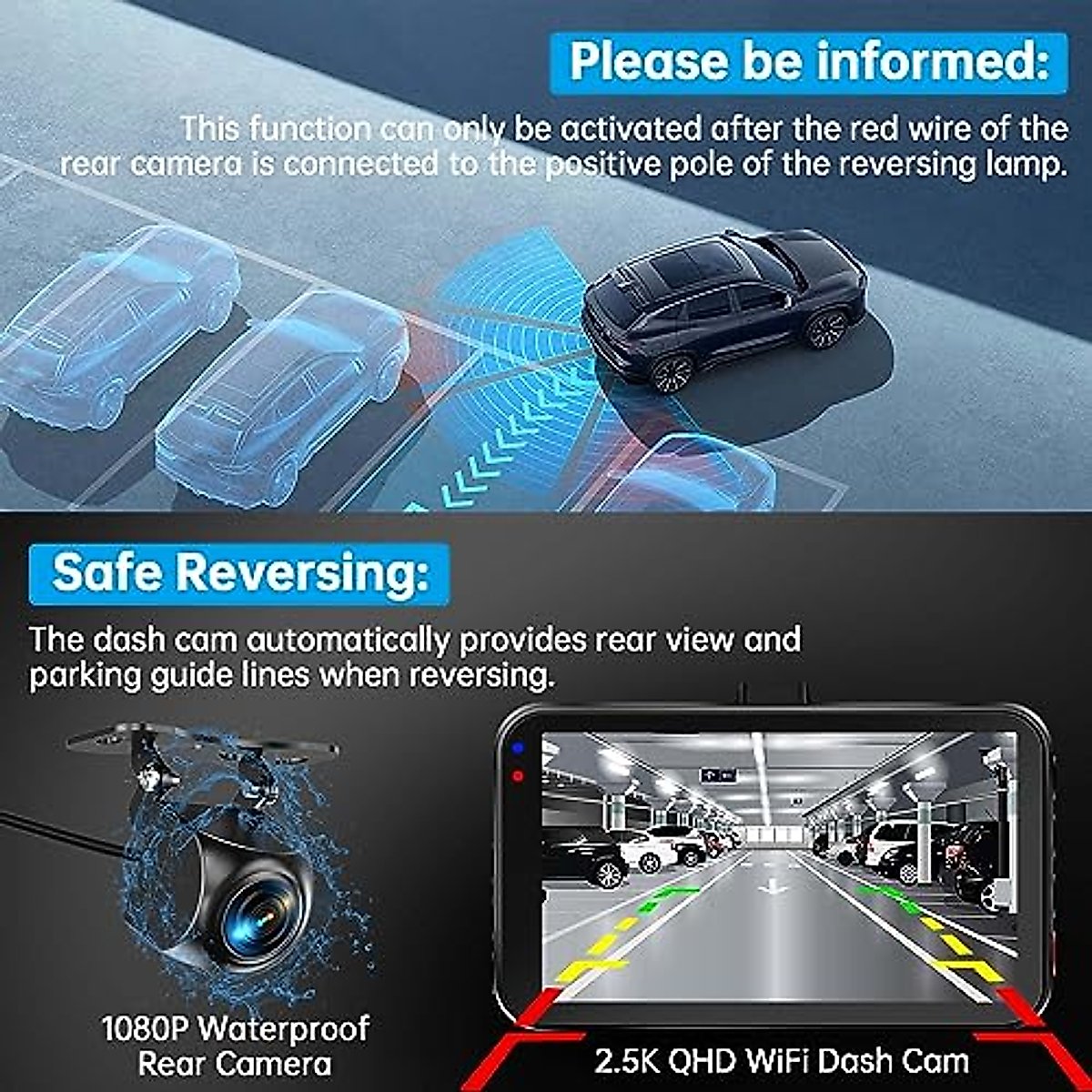Dash Cam Front and Rear, Dash Camera for Cars WiFi/APP Control Dashcam W/ 64G SD Card, 2.5K Dash Cam Front + 1080P Rear Car Camera W/Super Night Vision, Loop Recording, G-Sensor, Max Support 256GB