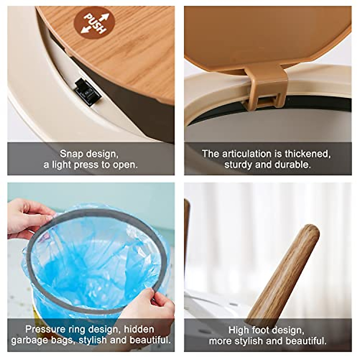 Trash Can with Lid Seamless Cute cat Rainbow Sky Animals Character Cartoon Design Press Cover Small Garbage Bin Round with Wooden Legs Waste Basket for Bathroom Kitchen Bedroom 7L/1.8 Gallon