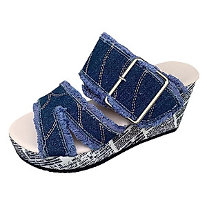 Sudnghyto Sandals for Women Dressy Summer Blue Denim Jean Peep Toe Fish Mouth Sandals Espadrille Wedge Platform Shoes