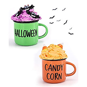 Halloween Mini Coffee Mugs with Faux Whipped Cream Mug Toppers Spider Candy Corn Mug Toppers Halloween Tiered Tray Decorations Novelty Halloween Witches Gift for Woman Coffee Table Centerpieces