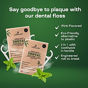 rebEarth Natural Dental Floss Picks - Oral Care Dental Pick w/Mint Flavored Toothpicks, 2-in-1 Natural Floss & Toothpicks, Plant-Based Dental Flossers, Tooth Floss Picks w/Tongue Cleaner (200 Count)