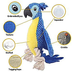 Squeaky Crinkle Dog Plush Toy, Cute Animal with Stuffed Cotton and Rope Knot Legs, Interactive Fun Chew & Play Toy for Puppy Small Medium and Large Breed Holiday Birthday Gift (Blue Parrot)