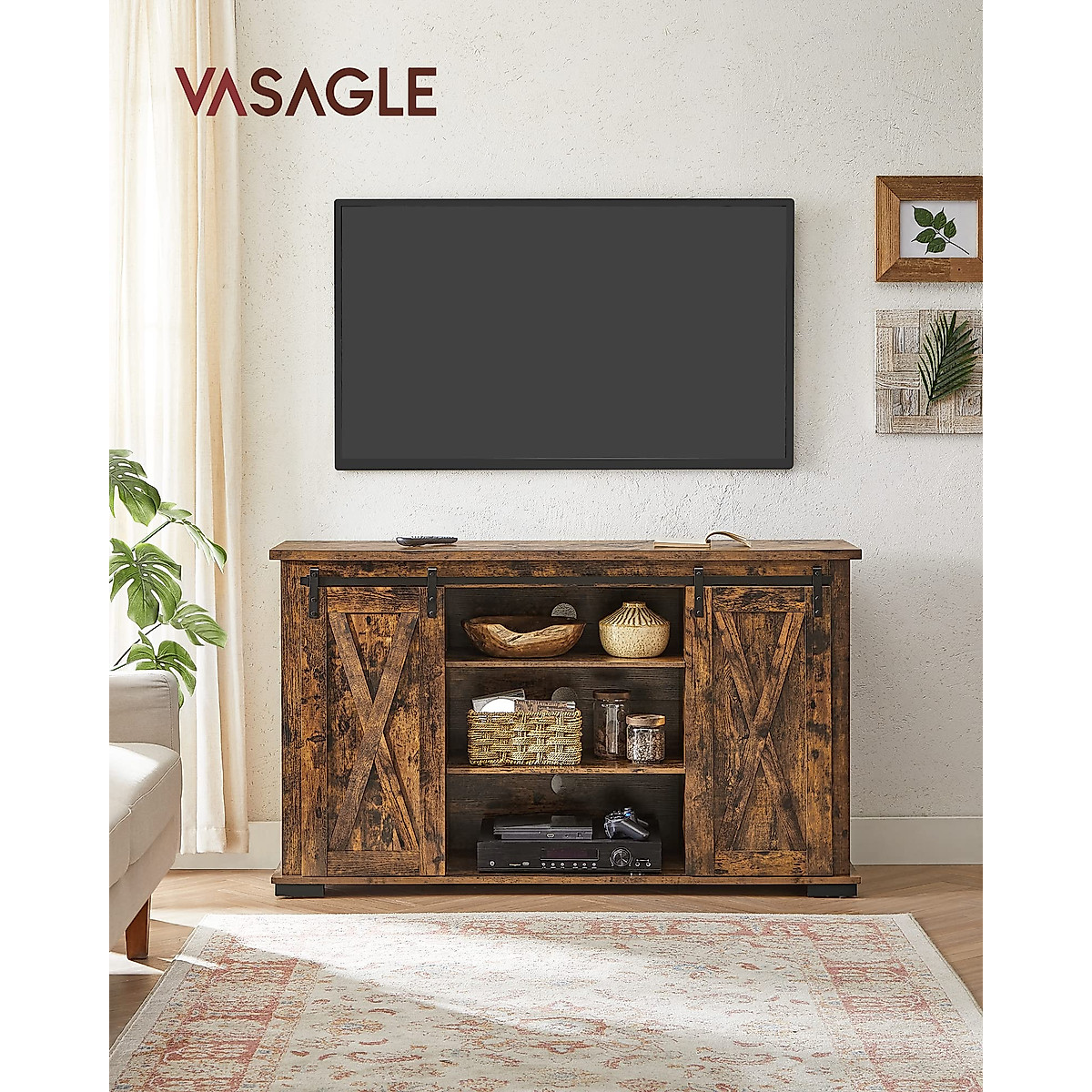 VASAGLE TV Stand with Storage and Sliding Barn Doors for 60-Inch Televisions, Entertainment Center Console, 53.9”, Rustic Brown