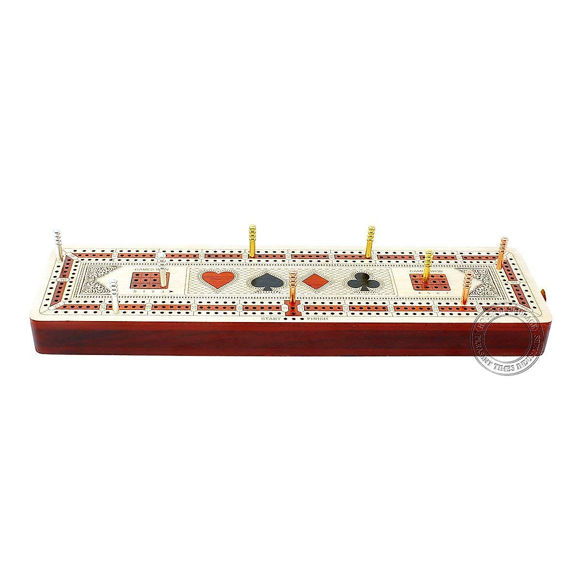 House of Cribbage - 3 Track Continuous Cribbage Board Inlaid in Maple Wood/Bloodwood - Size: 12.5 Inch - Wood Inlaid Card Symbols (Suits) + Storage Drawer for Cribbage Pegs