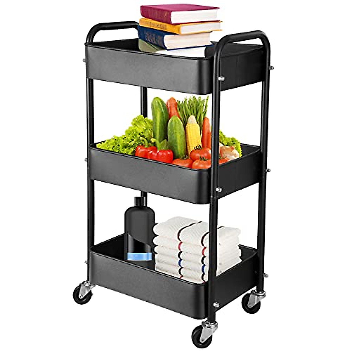 ABCOOL 3-Tier Metal Storage Organizer Rolling Utility Cart - Home Kitchen Bathroom Bedroom Office Classroom Laundry Cleaning Supplies Bar Craft Shelf Cart with Caster Wheels, College Dorm Essentials