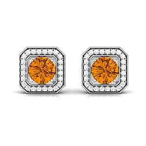 Certified Citrine and Diamond Halo Stud Earrings for Women, 1.25 cttw, Aaa Quality, 14K White Gold