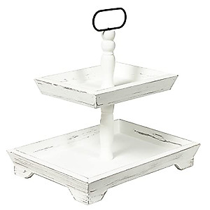 Dugunusu Farmhouse Two Tiered Tray Stand, Rectangle Rustic Wood Two Tiered Tray, Wooden Cake Stand Kitchen Tiered Tray, Decor Serving Tray for Home Farmhouse Décor (White)