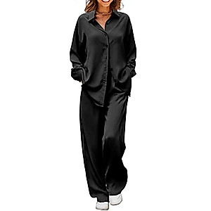 PRETTYGARDEN Women's 2 Piece Satin Outfits Long Sleeve Button Down Tops Wide Leg Pants Silk Loungewear Pajama Sets (Black,Large)