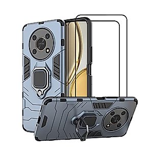 Compatible with Honor X9 Case Kickstand with Tempered Glass Screen Protector [2 Pieces], Hybrid Heavy Duty Armor Dual Layer Anti-Scratch Phone Case Cover, Blue