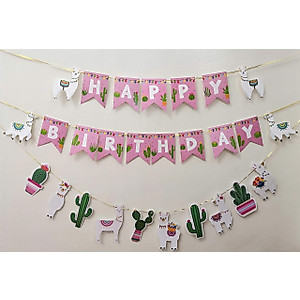 Llama Cactus Happy Birthday Banner Garland Decoration Set of 2 for Baby Shower Cino De Mayo Mexican Fiesta Centerpieces Party Graduation Supplies Hawaii Kids Llama Cactus Themed Party