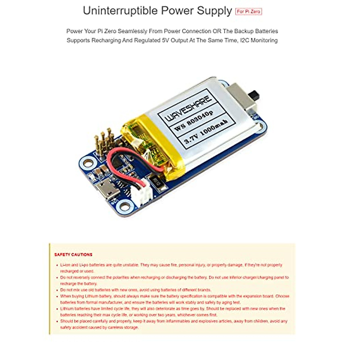 UPS HAT (C) for Raspberry Pi Zero Boards, Provides 5V Uninterruptible Stable Power, with Pogo Pin Connector