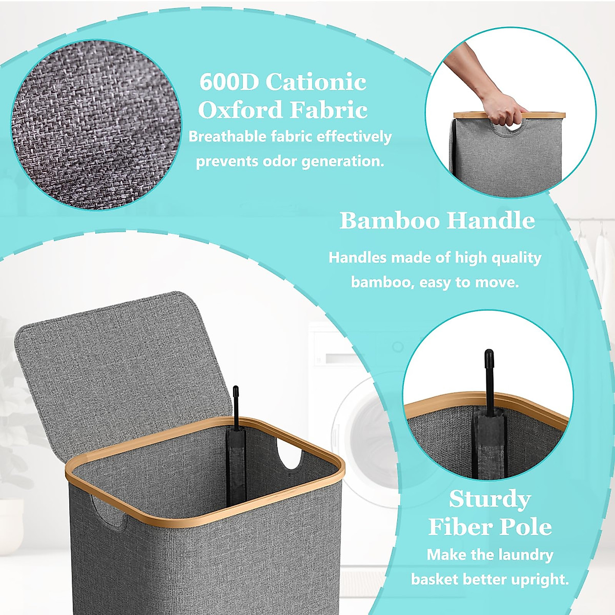 IHOMAGIC Laundry Hamper with Lid, 95L Collapsible Laundry Basket, Slim Laundry Hamper with Removable Inner Bag and Handles, Large Laundry Basket, Dirty Clothes Hamper for Dorm, Laundry Room, Grey