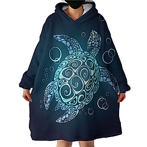 Sleepwish Turtle Wearable Blanket Hoodie, Beach Oversized Sherpa Blanket Sweatshirt with Hood Pocket and Sleeves, Teal Turquoise, Super Soft Warm Plush Blanket (Adults 63" x 39")